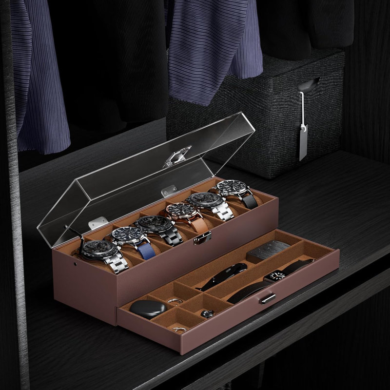 Latitude Run® 6 Slot Watch Display Case With Clear Acrylic Lid,Espresso | Wayfair